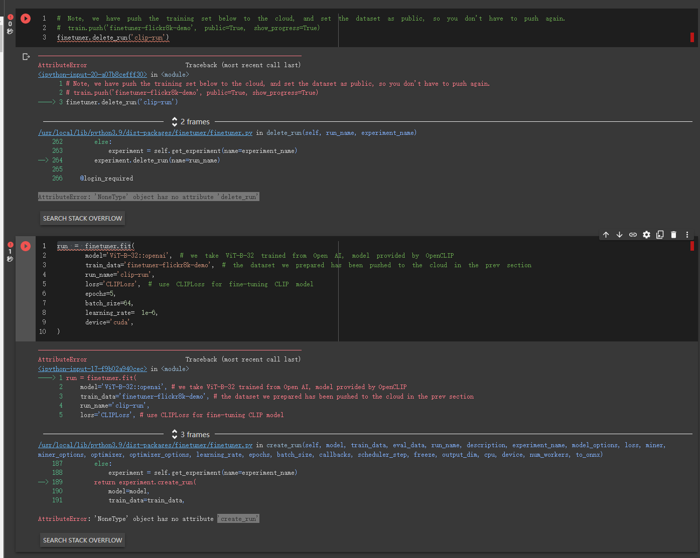 AttributeError: 'NoneType' object has no attribute 'delete_run'/'create_run' when running in ...