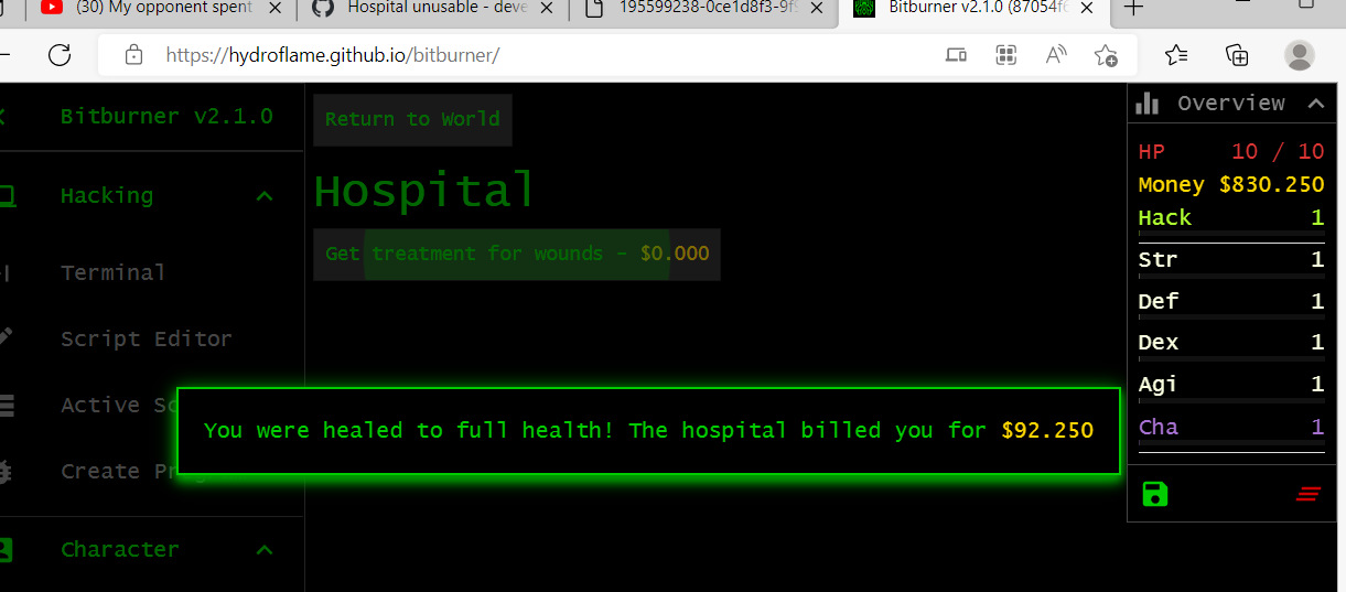 Hospital unusable - development branch · Issue #4242 · danielyxie/bitburner · GitHub