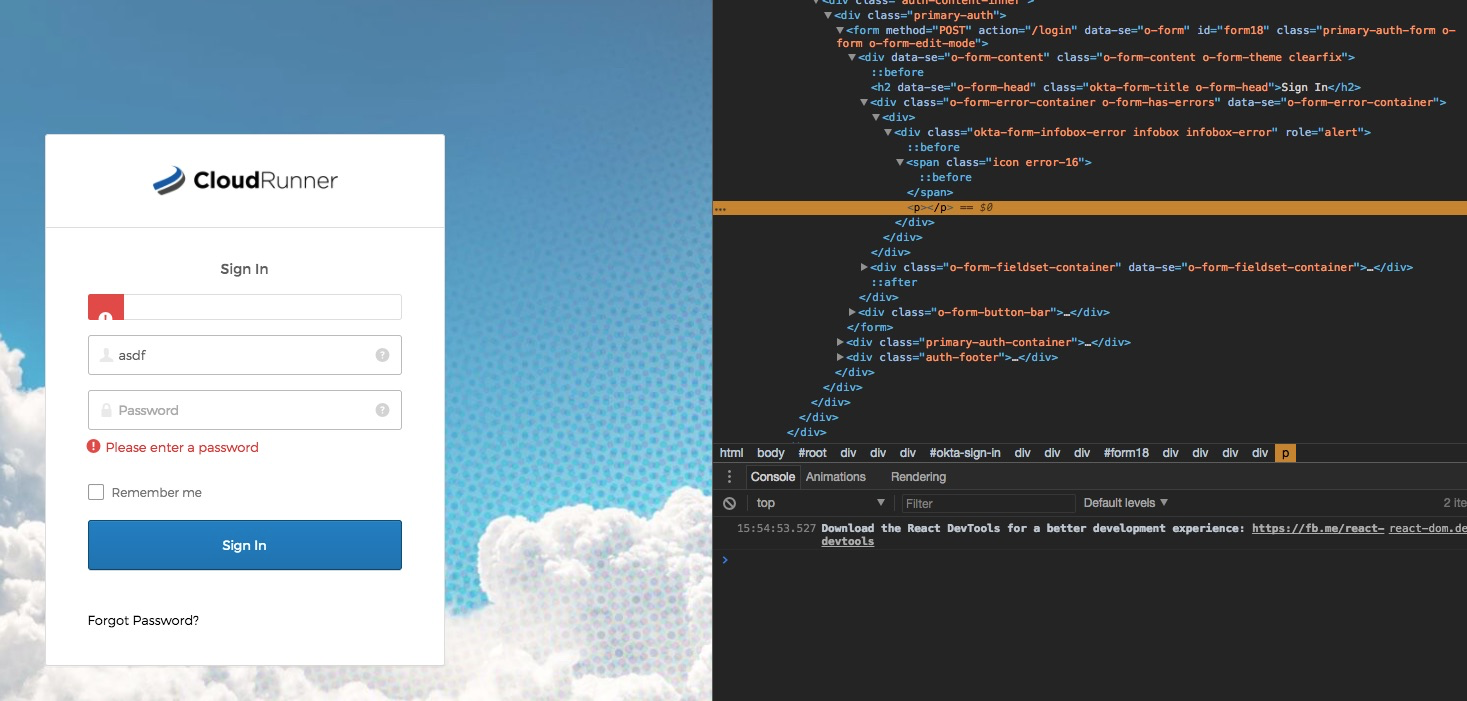 Partial error message placeholder appears after clicking "Sign In" with ...