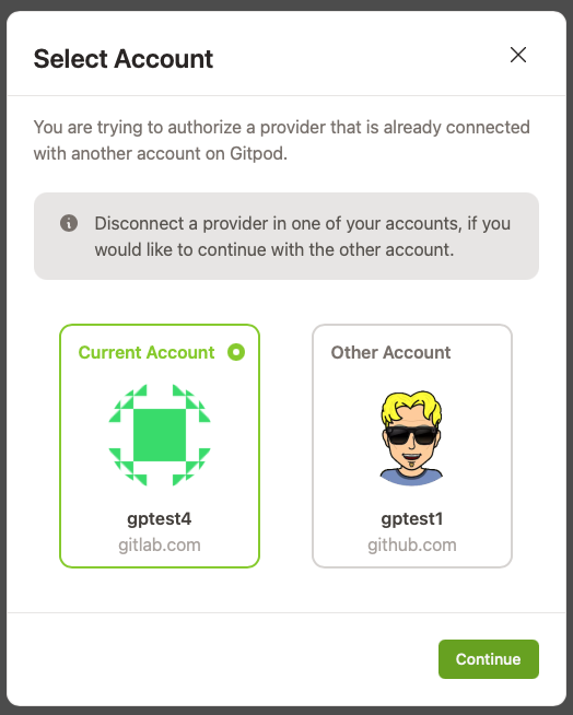 Authorizing a provider already used by another Gitpod account shows confusing popup · Issue ...