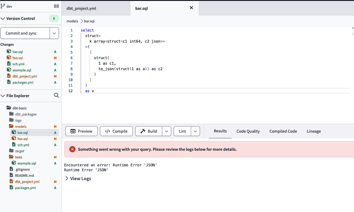 Adap 950 Bug `dbt Show` Doesnt Work With Json Structs · Issue 972 · Dbt Labsdbt Bigquery