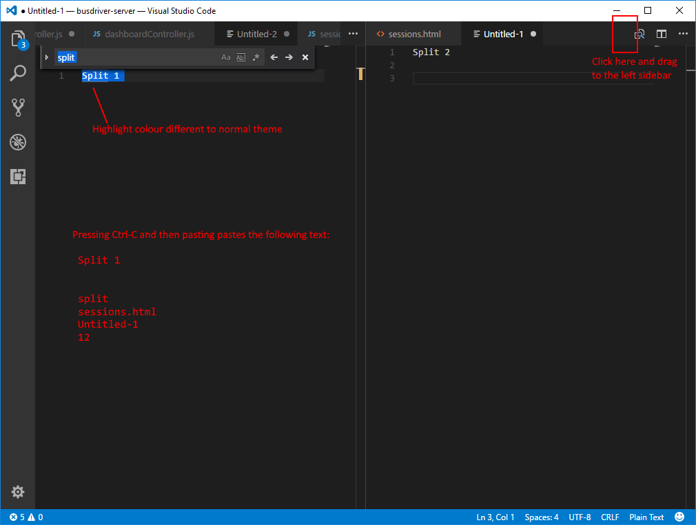 Dragging on tab bar with side-by-side split can select text in an ...