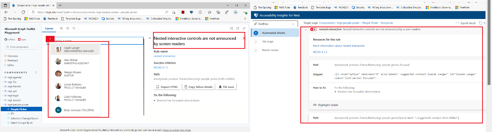 [Accessibility] [Microsoft Graph Toolkit Playground - Overview]: Nested interactive controls are ...
