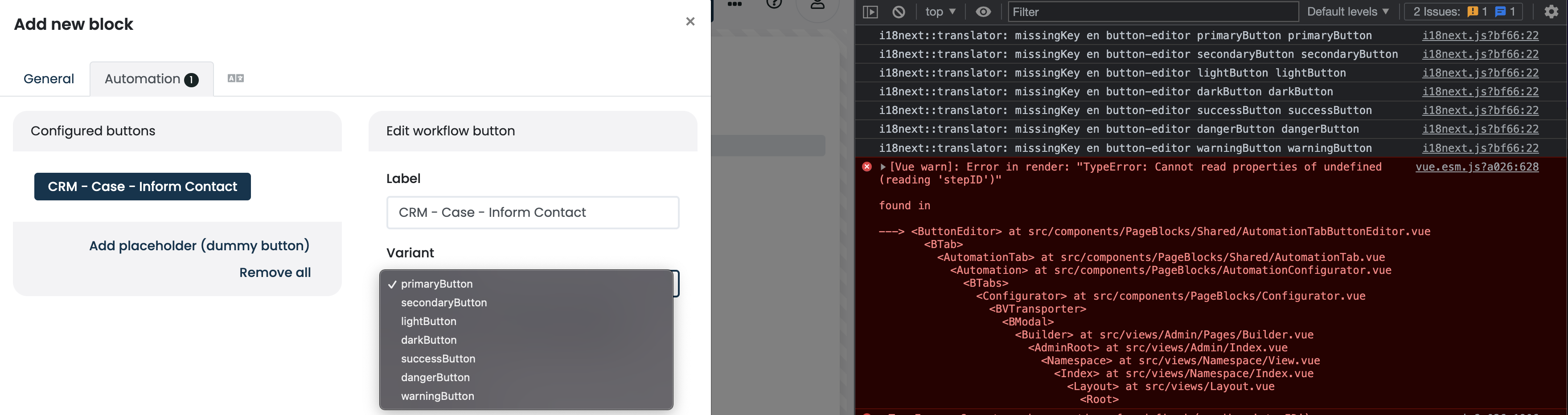 Creating a dummy automation button causes errors in the console · Issue #720 · cortezaproject ...