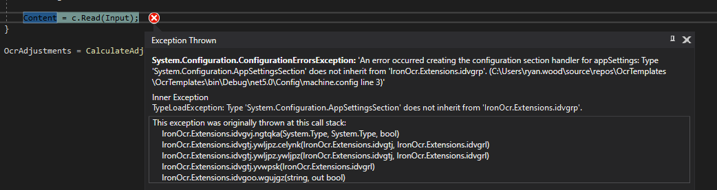 Type 'System.Configuration.AppSettingsSection' does not inherit from 'IronBarCode.Extensions ...