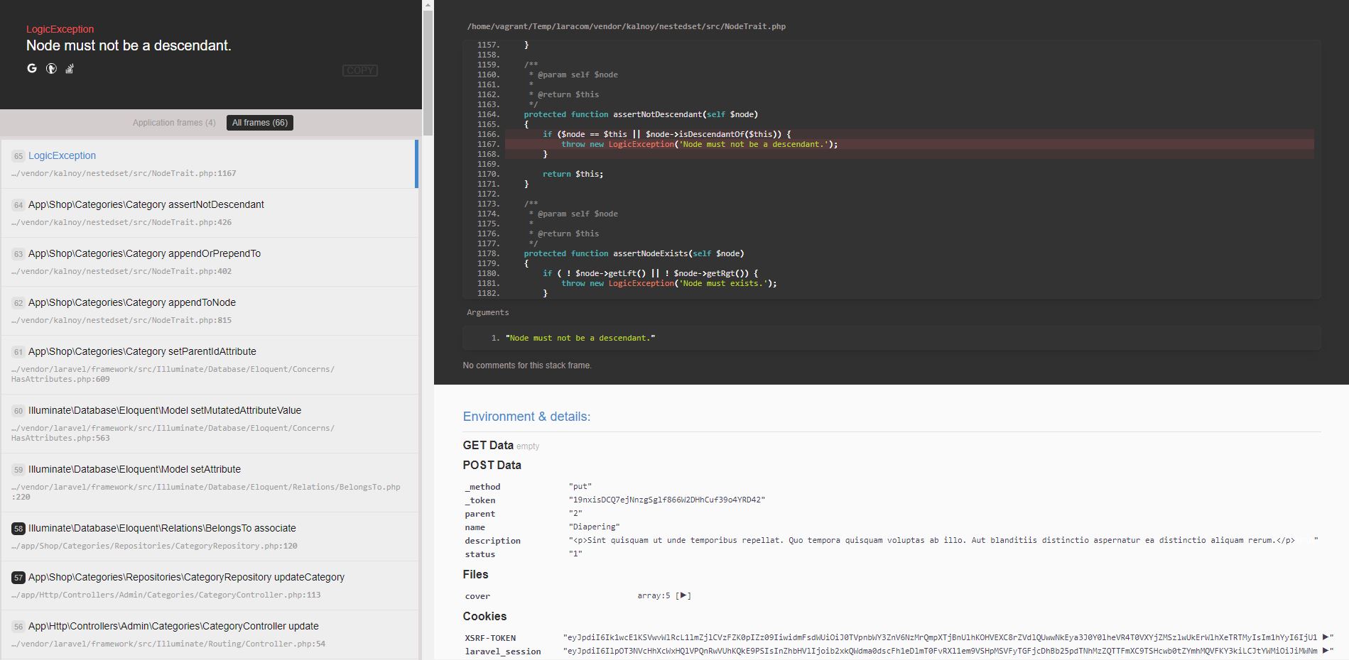 LogicException: Node must not be a descendant. · Issue #136 · jsdecena/laracom · GitHub