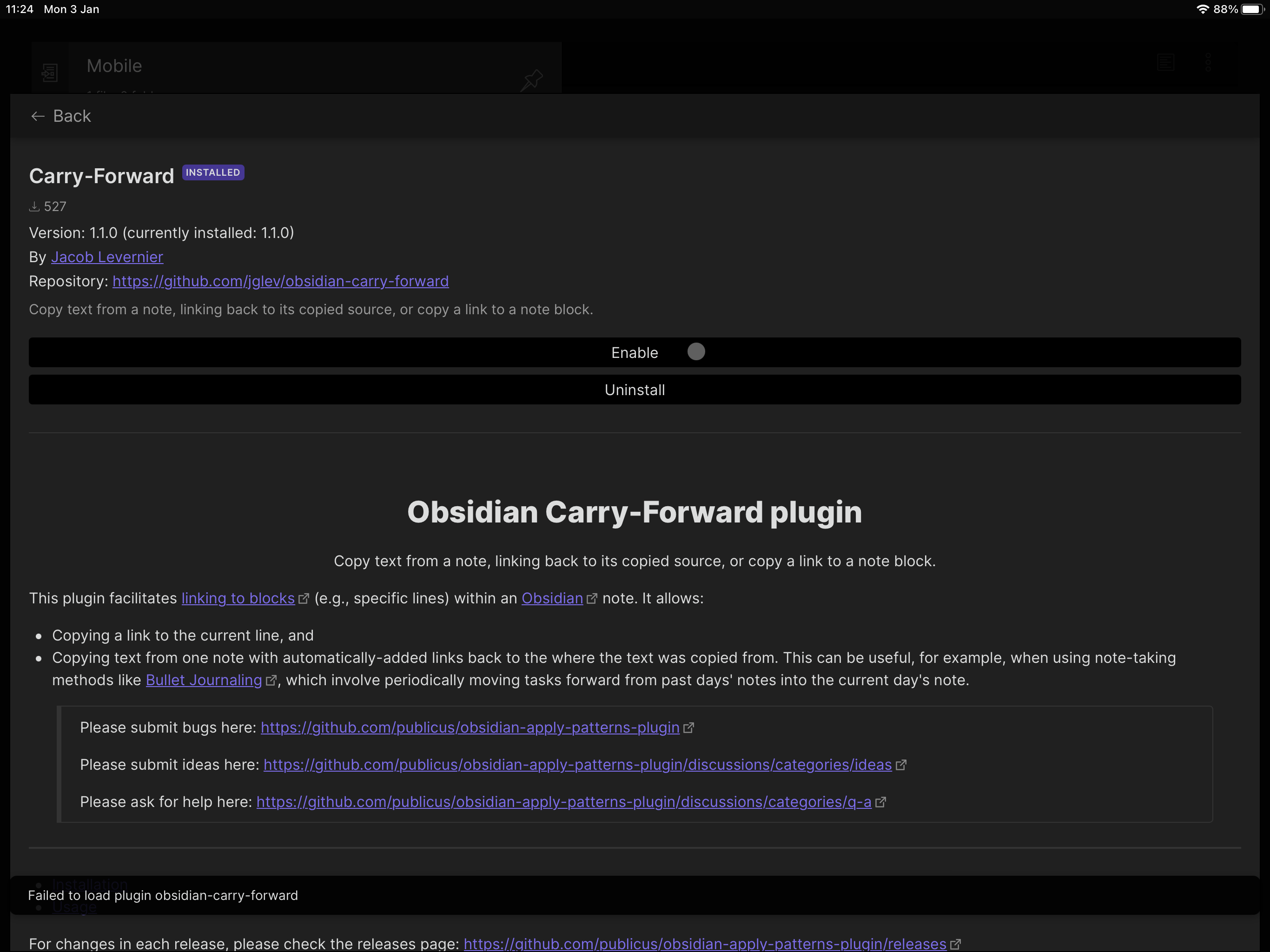 [BUG] Carry Forward on iOS Obsidian Mobile: failed to load · Issue #3 · jglev/obsidian-carry ...