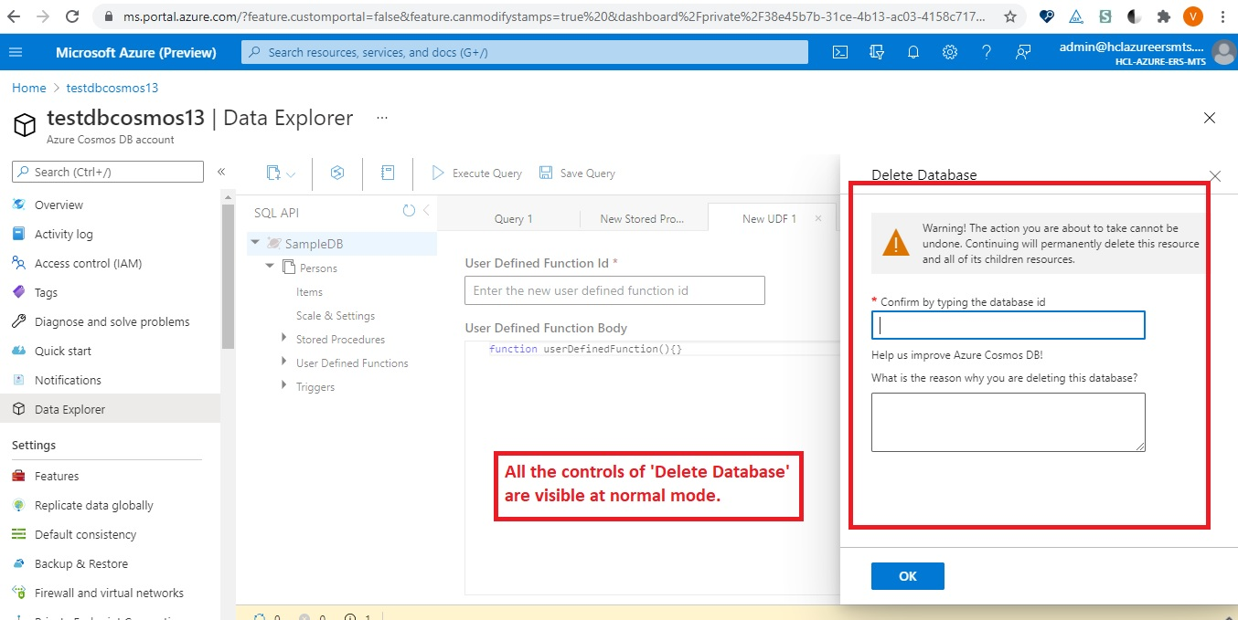 Delete Database: Controls of 'Delete Database' blade are not visible at 200% resize mode ...