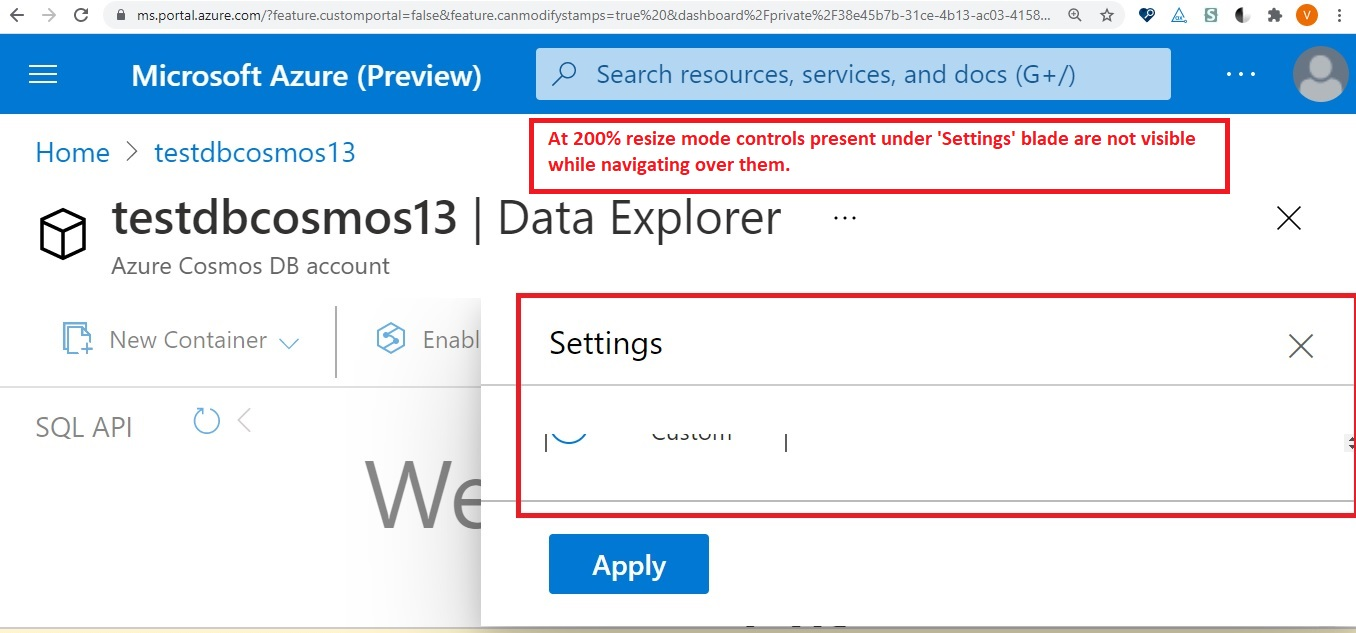 Settings: At 200% resize mode controls present under 'Settings' blade are not visible while ...