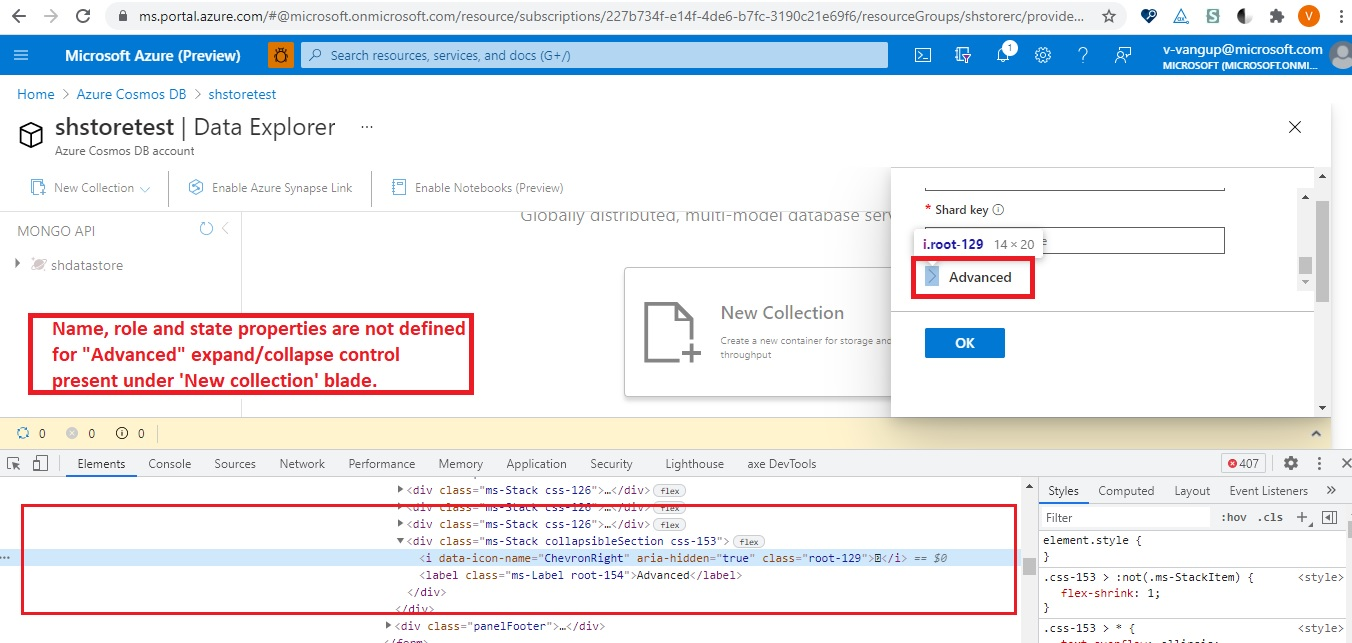 Name, role and state properties are not defined for "Advanced" expand ...
