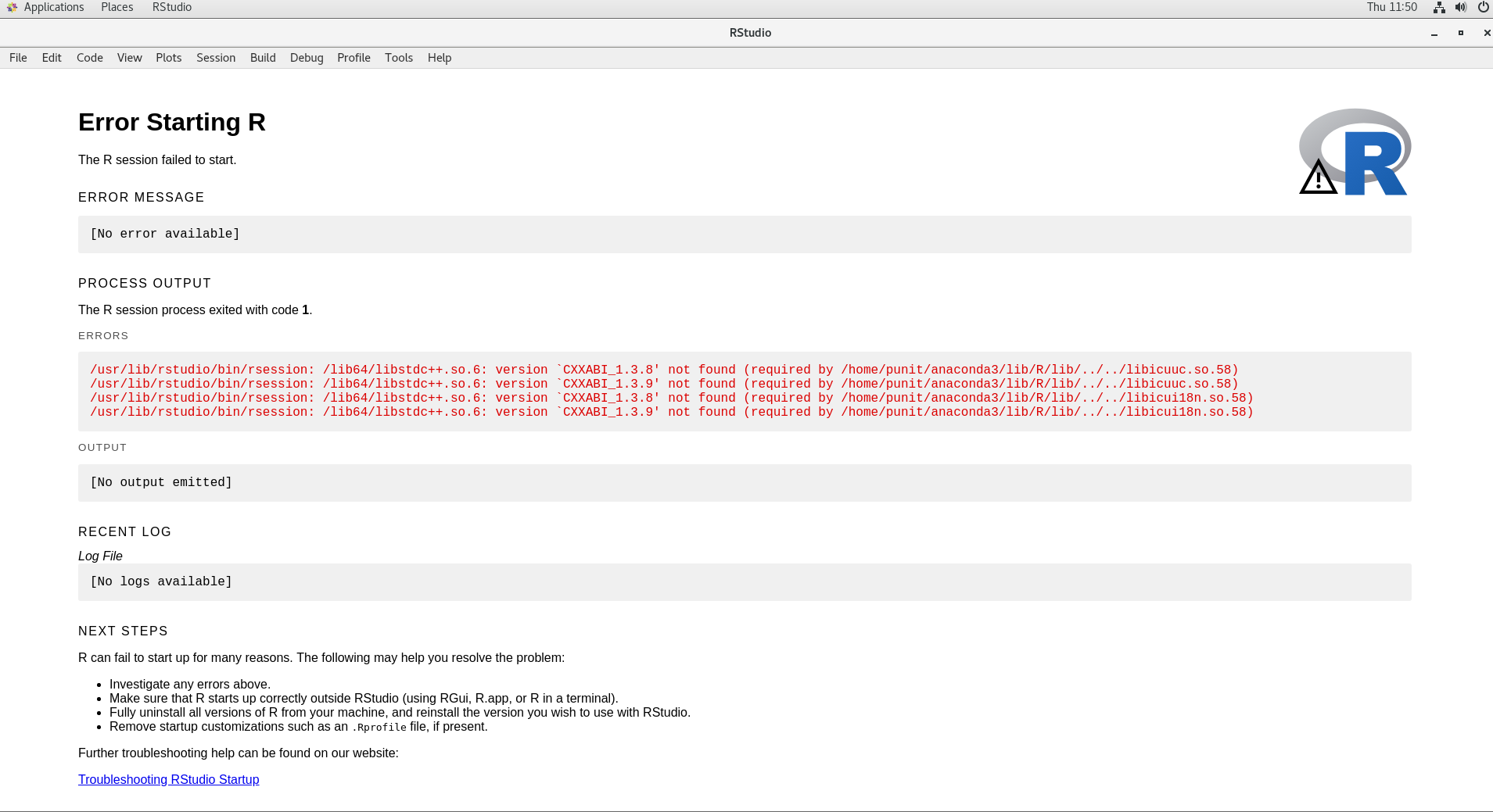 Error Starting R The R session failed to start. ERROR MESSAGE. · Issue #9056 · rstudio/rstudio ...
