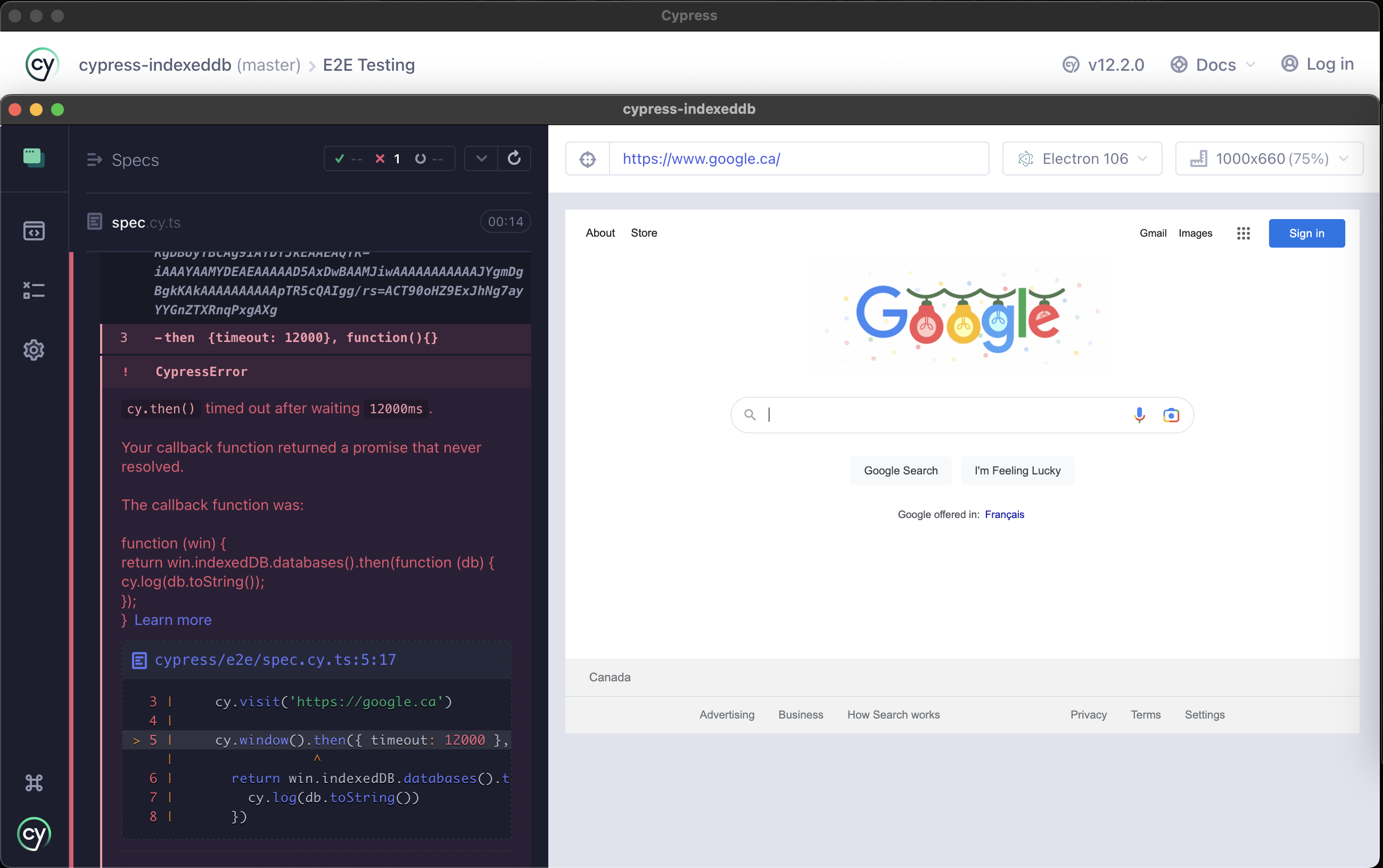 `indexedDB.databases()` doesn't resolve when running through `Cypress open` using Electron ...