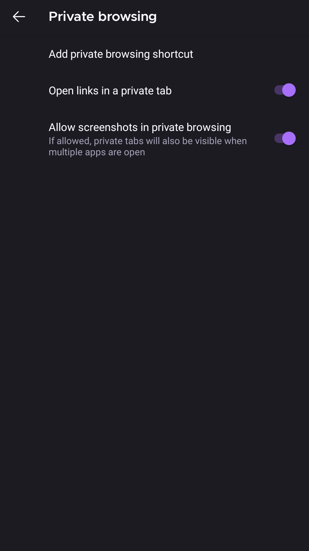 Feature Request: Give option to open links in private tab and take screenshots in private tab ...