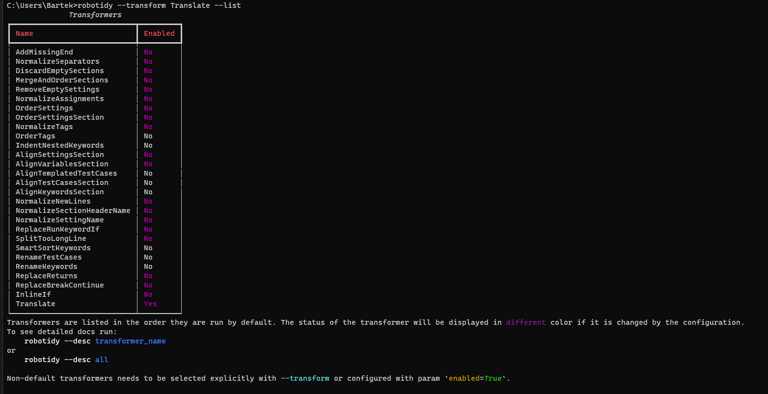 List enabled transformers · Issue #464 · MarketSquare/robotframework-tidy · GitHub