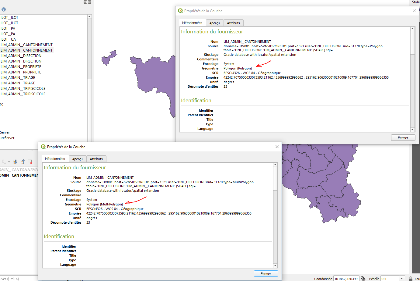 Oracle : tables are listed once for Polygons and once for MultiPolygons ...