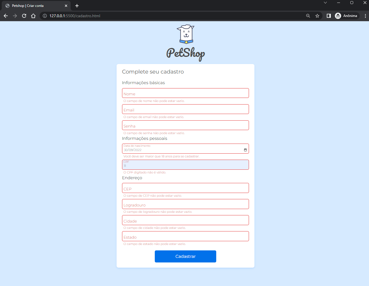 GitHub - rxaviersantos/petshop: Validando formulário com Javascript