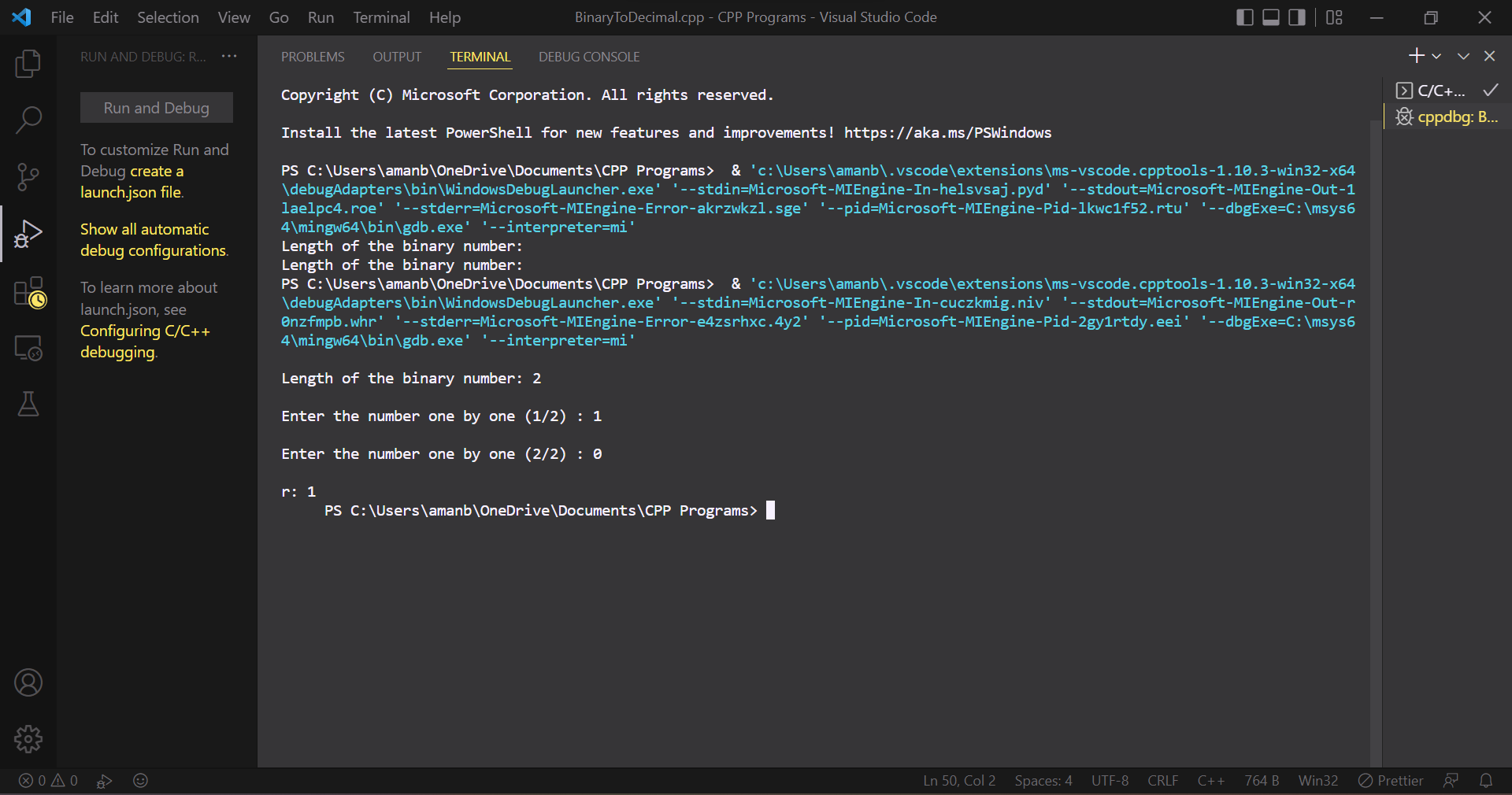 When running or debugging the c++ file the output isn't that much clear ...