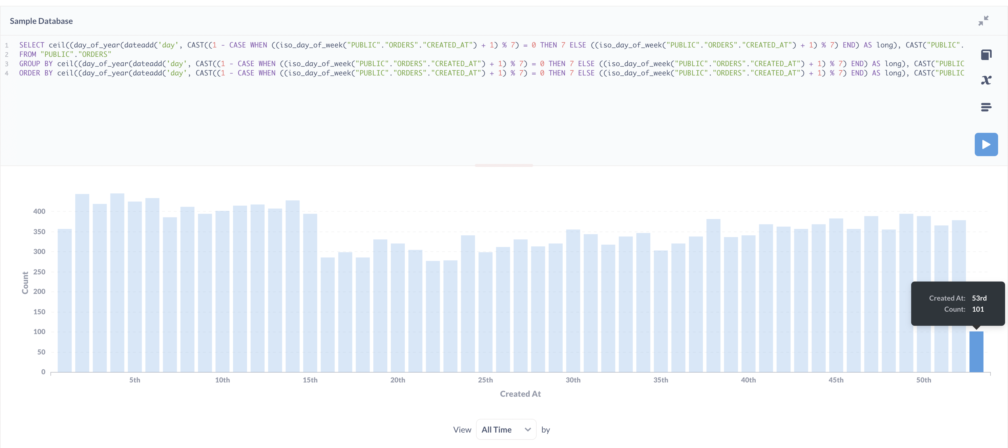 Grouping by Week # of Year Using Query Builder - Week 53 transformed to ...