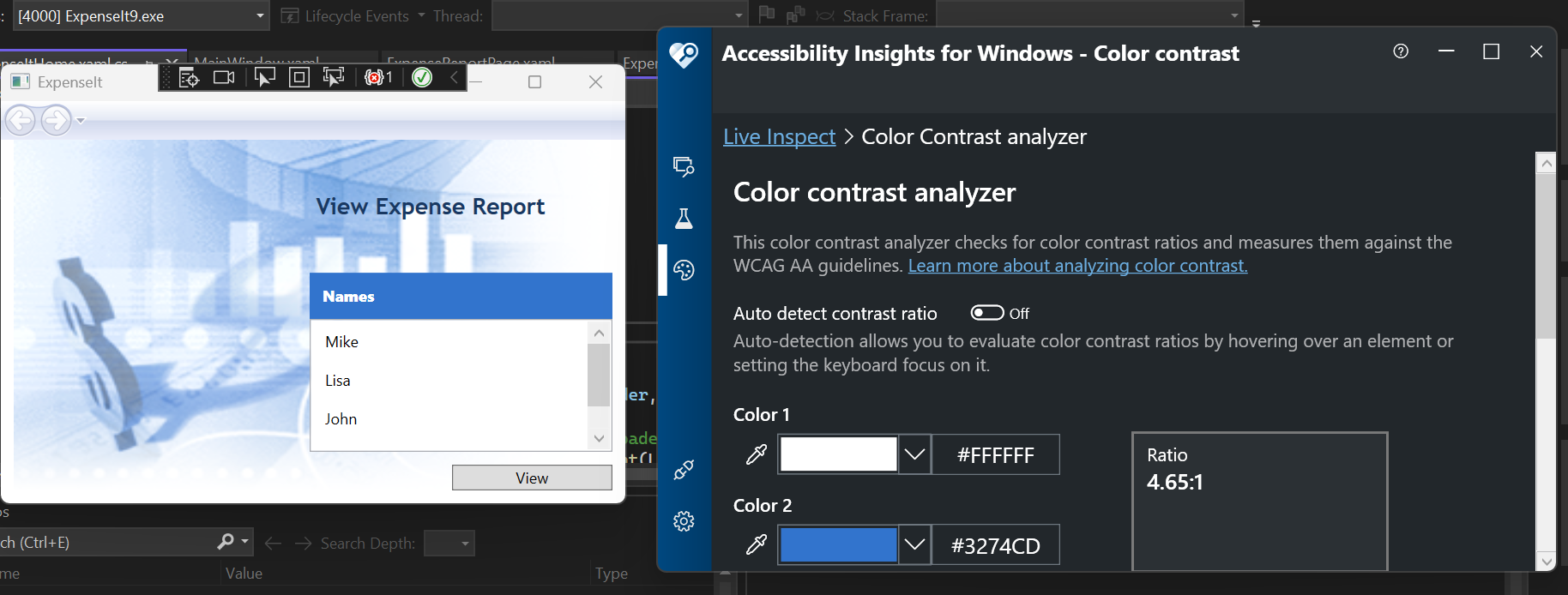 A11y_.NET Core_WPF_ExpenseItIntro_ViewExpenseReport_Contrast: The color contrast for "Names ...
