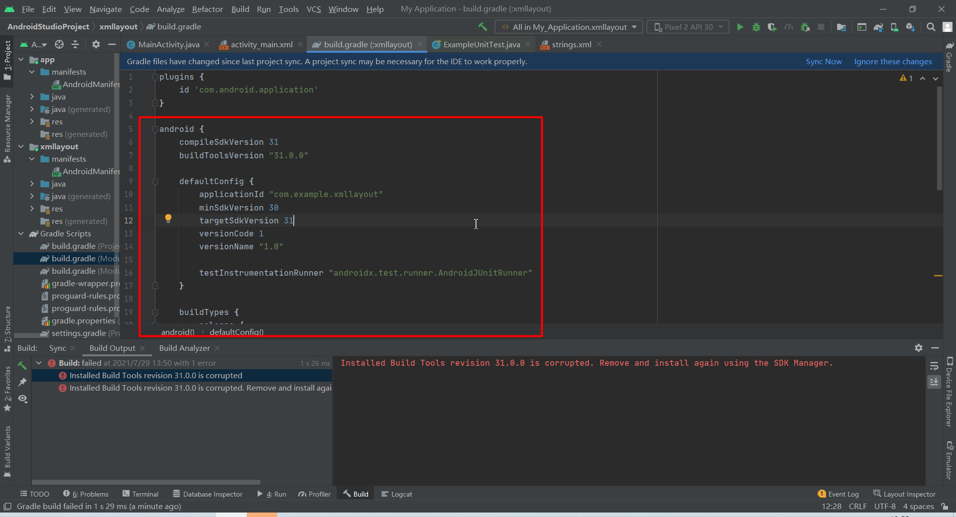 Installed Build Tools revision 31.0.0 is corrupted. Remove and install again using the SDK ...