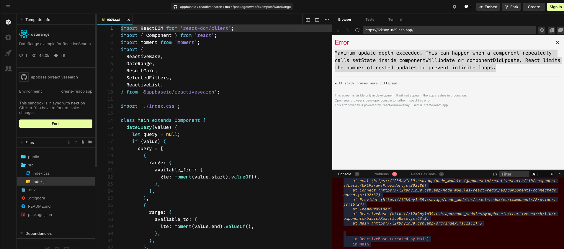 [error] Daterange Maximum Update Depth Exceeded · Issue 2266 · Appbaseio Reactivesearch · Github