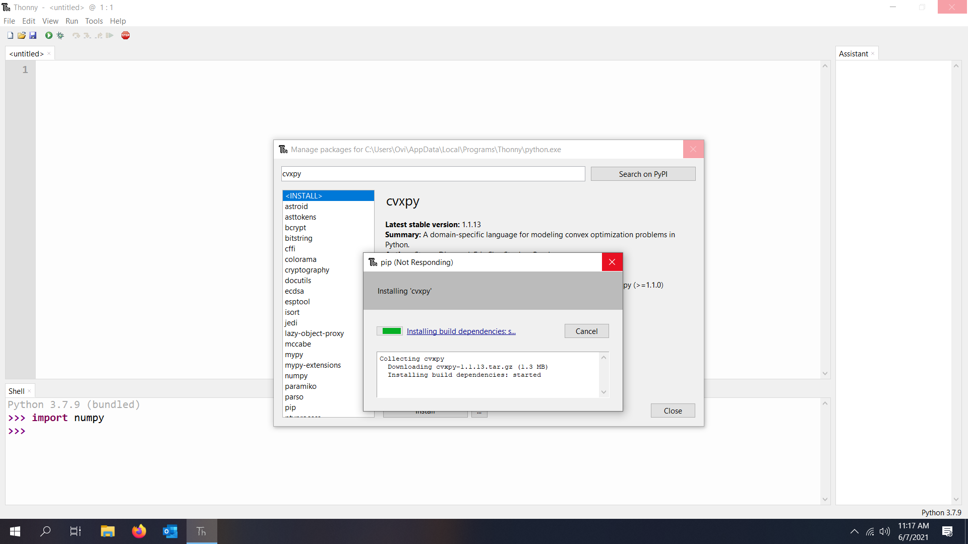 Thonny stops responding while installing package · Issue #1855 · thonny/thonny · GitHub