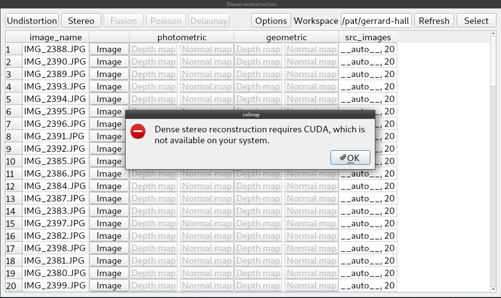 Dense stereo reconstruction requires CUDA, which is not available on your system. · Issue #1704 ...