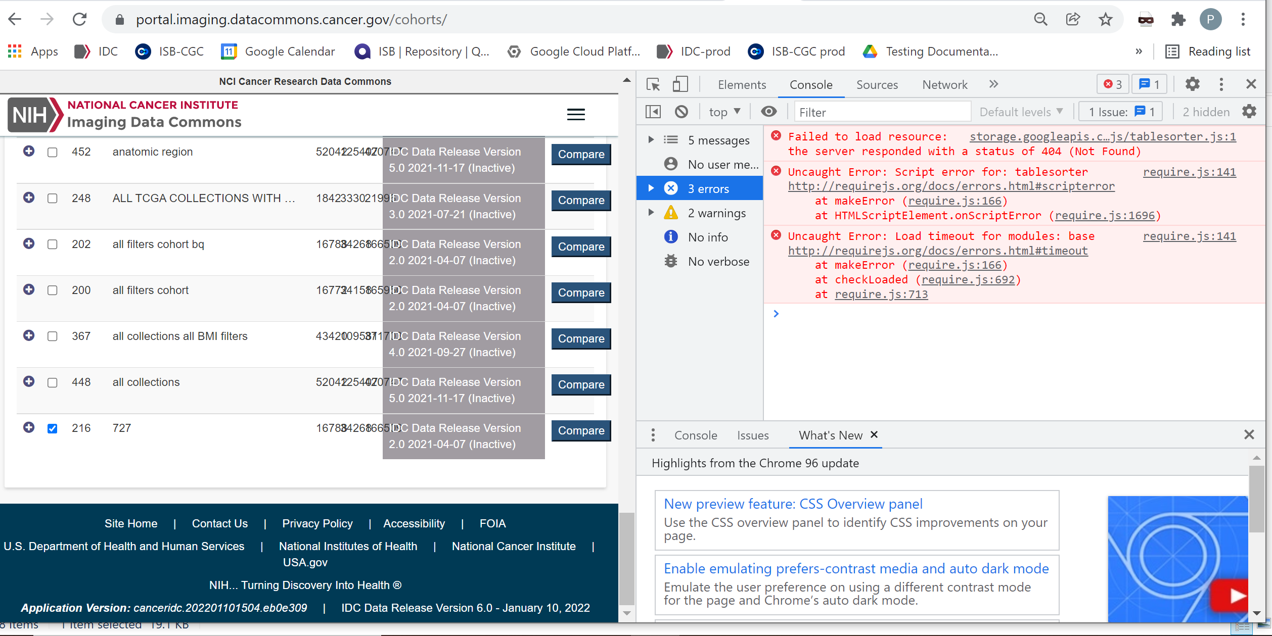 Console errors and failures to load when user compares current data version to a previous data ...