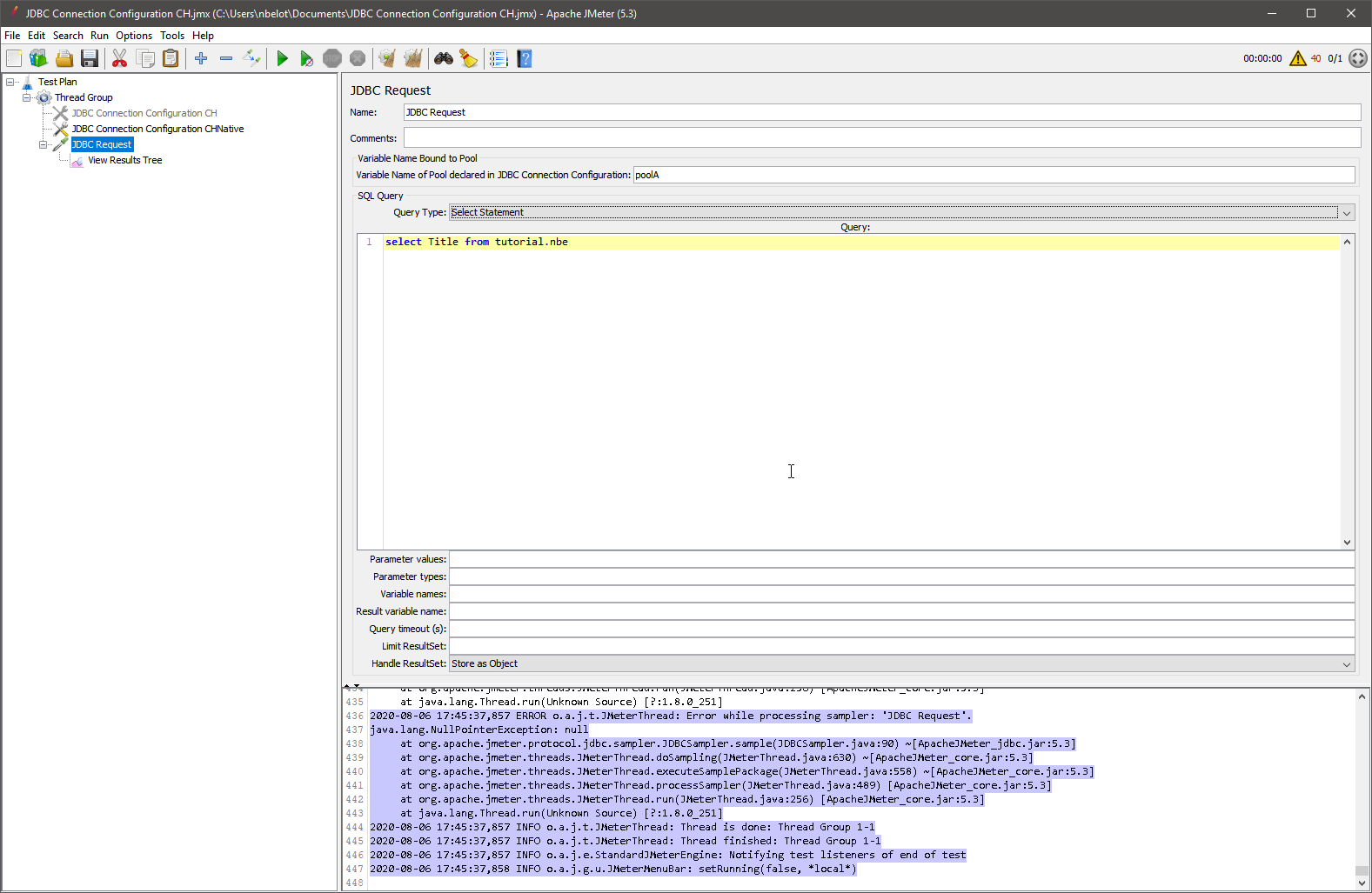 java.lang.NullPointerException in JDBCSampler.java when used with ...