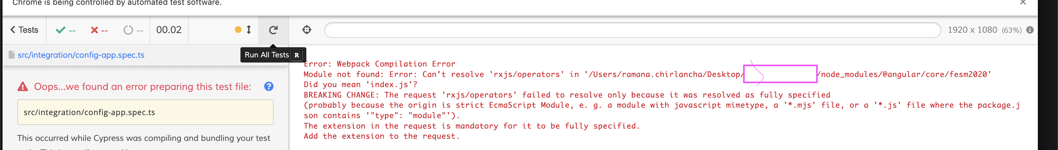 getting below issue when trying to import rxjs/operators in cypress ...