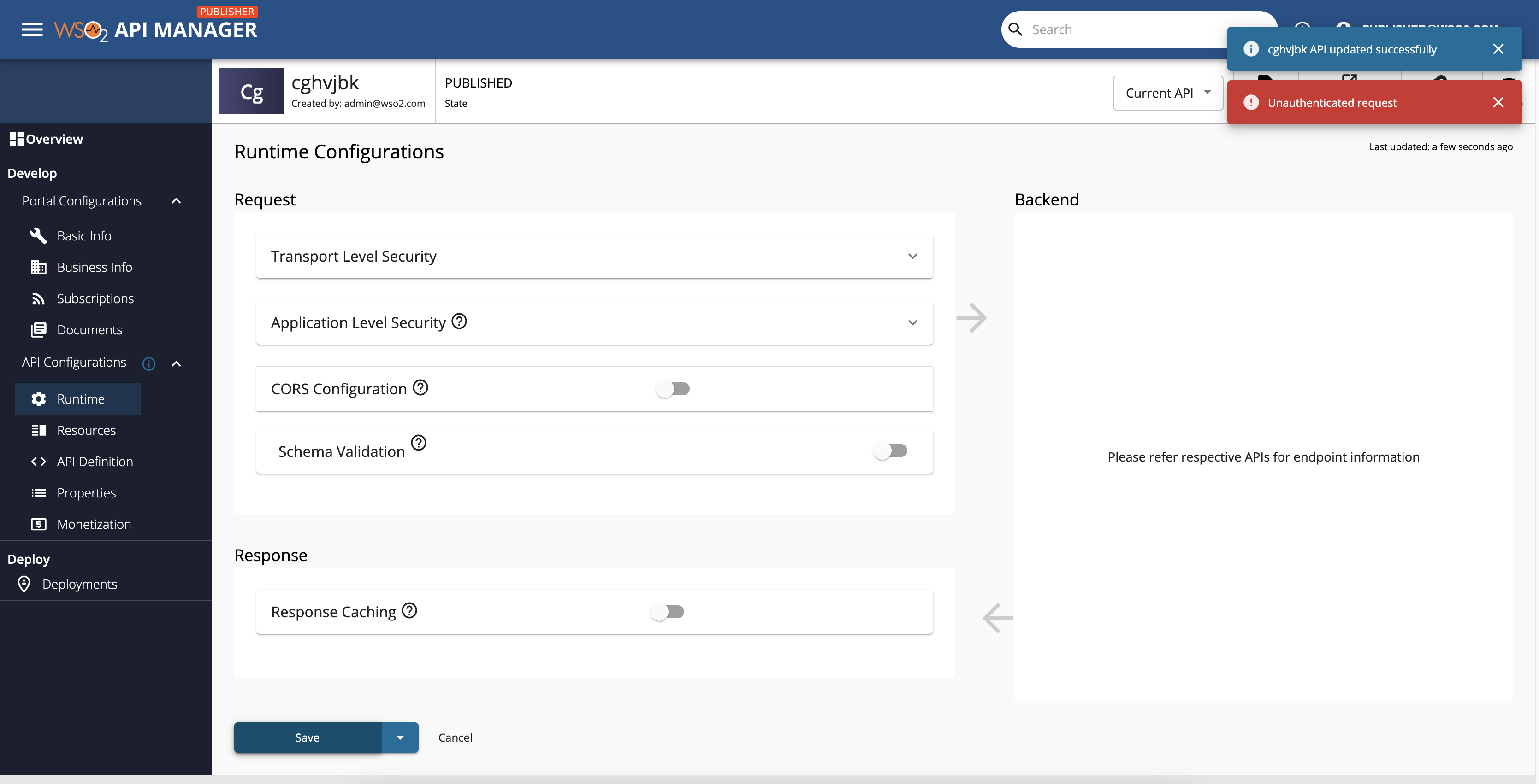 Unauthenticated Request Error Popup When Saving And Loading Runtime Configs By Publisher User