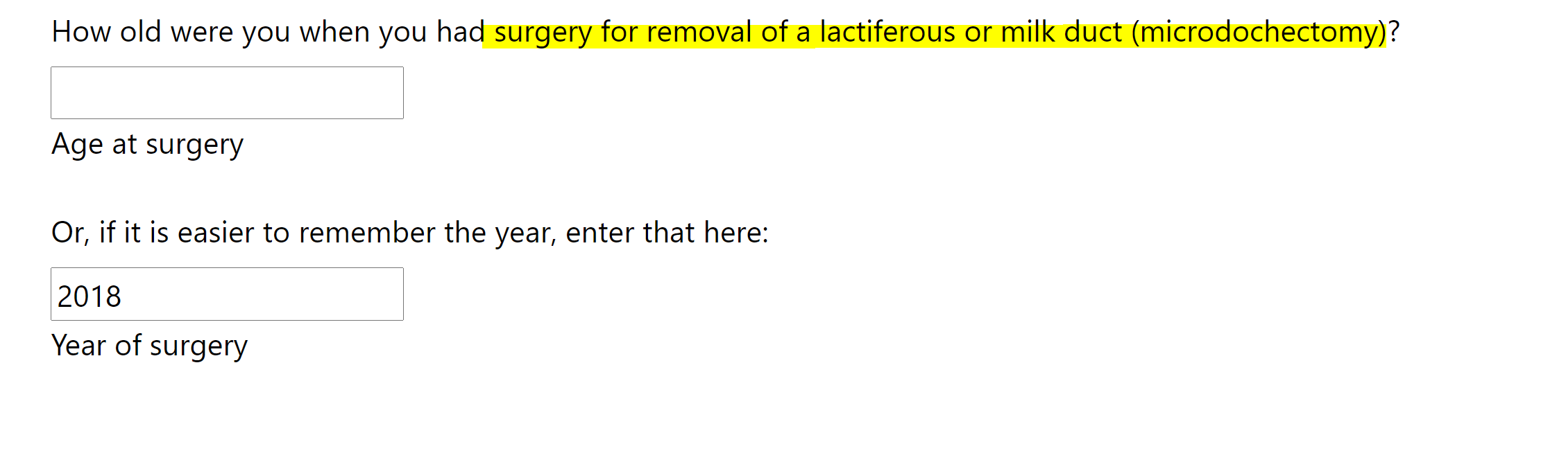 Conditions/surgeries are not bolded in age of diagnoses questions for BREASTSUR0-9, BREASTDIS3 ...