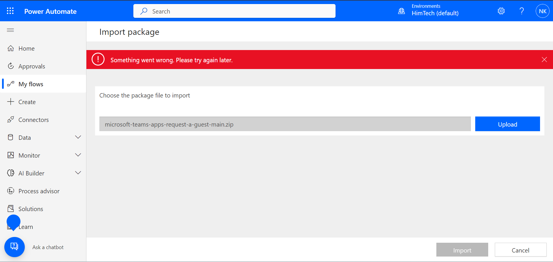 Error while Importing flow · Issue #11 · OfficeDev/microsoft-teams-apps-request-a-guest · GitHub