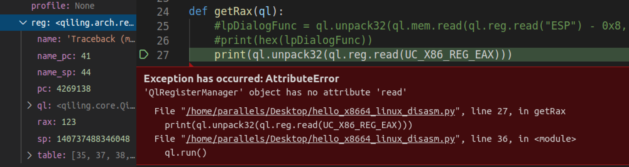 It's able to read register? like rbp · Issue #280 · qilingframework/qiling · GitHub