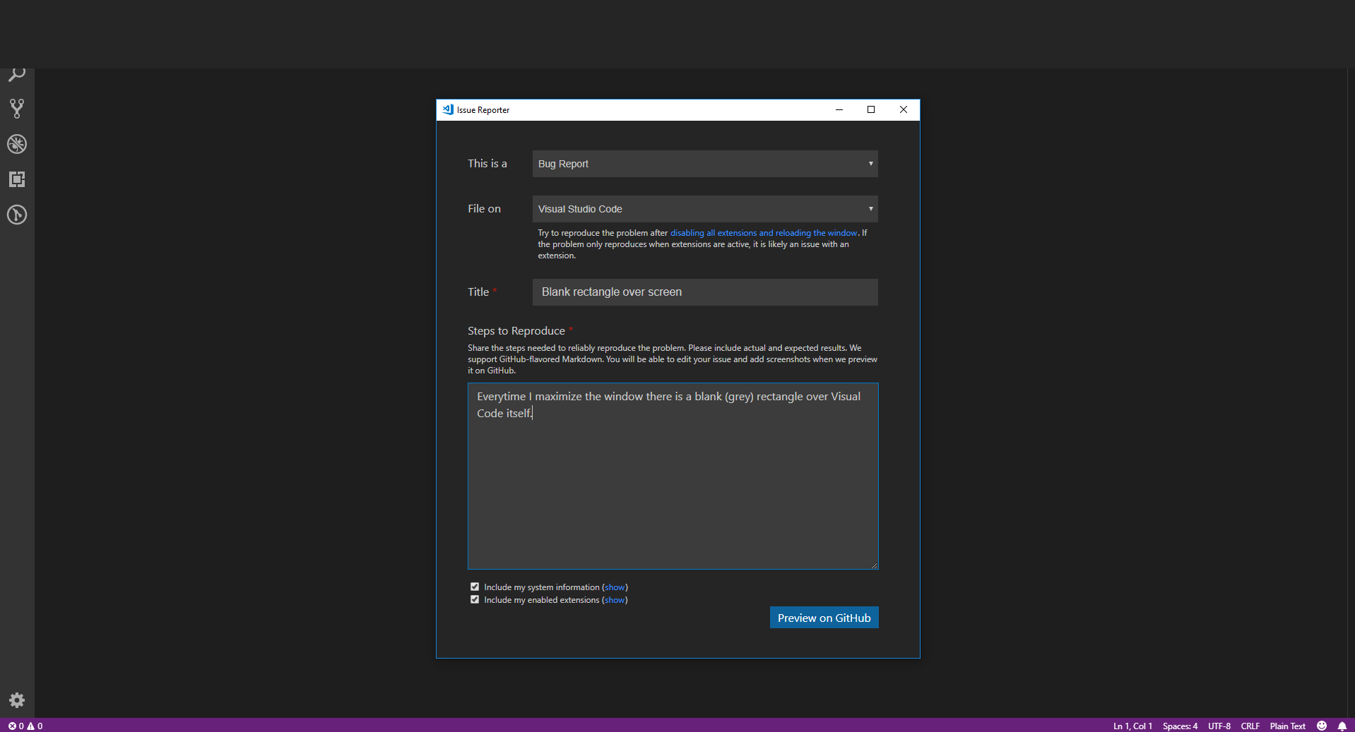 Blank rectangle over screen · Issue #64722 · microsoft/vscode · GitHub