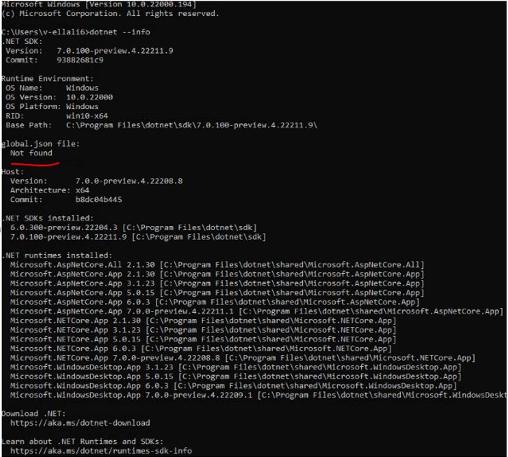 Download and install .Net 7.0.100-preview.4.22211.9 SDK, the global.json file not found. · Issue ...