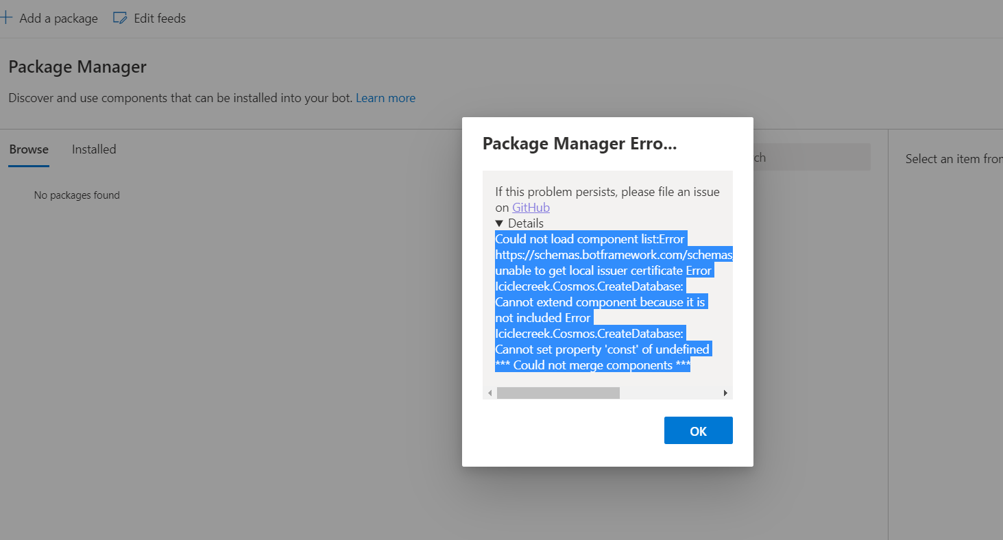 Unable to Load packages in the Bot · Issue #8058 · microsoft/BotFramework-Composer · GitHub
