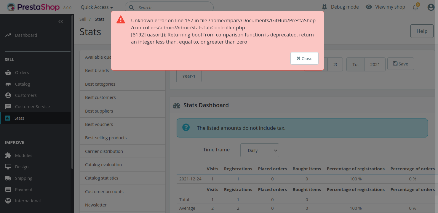 [BO] An unknown error in Stats page at Debug mode · Issue #27086 · PrestaShop/PrestaShop · GitHub