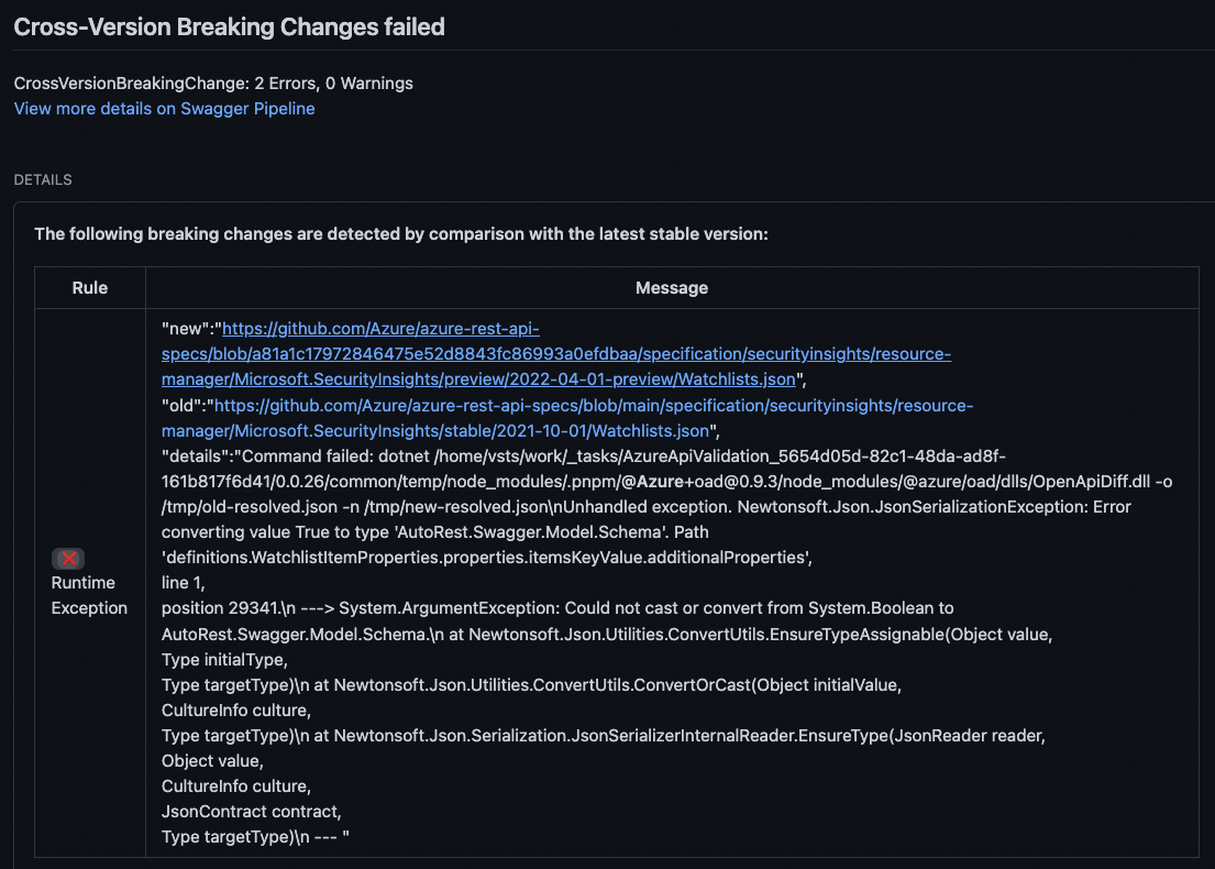 Failing PR automation: Cross Version Breaking Changes · Issue #2919 · Azure/azure-sdk-tools · GitHub