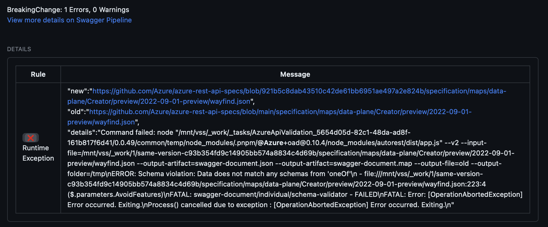 [Breaking Change] `Swagger BreakingChange` validation failure with runtime exception ...