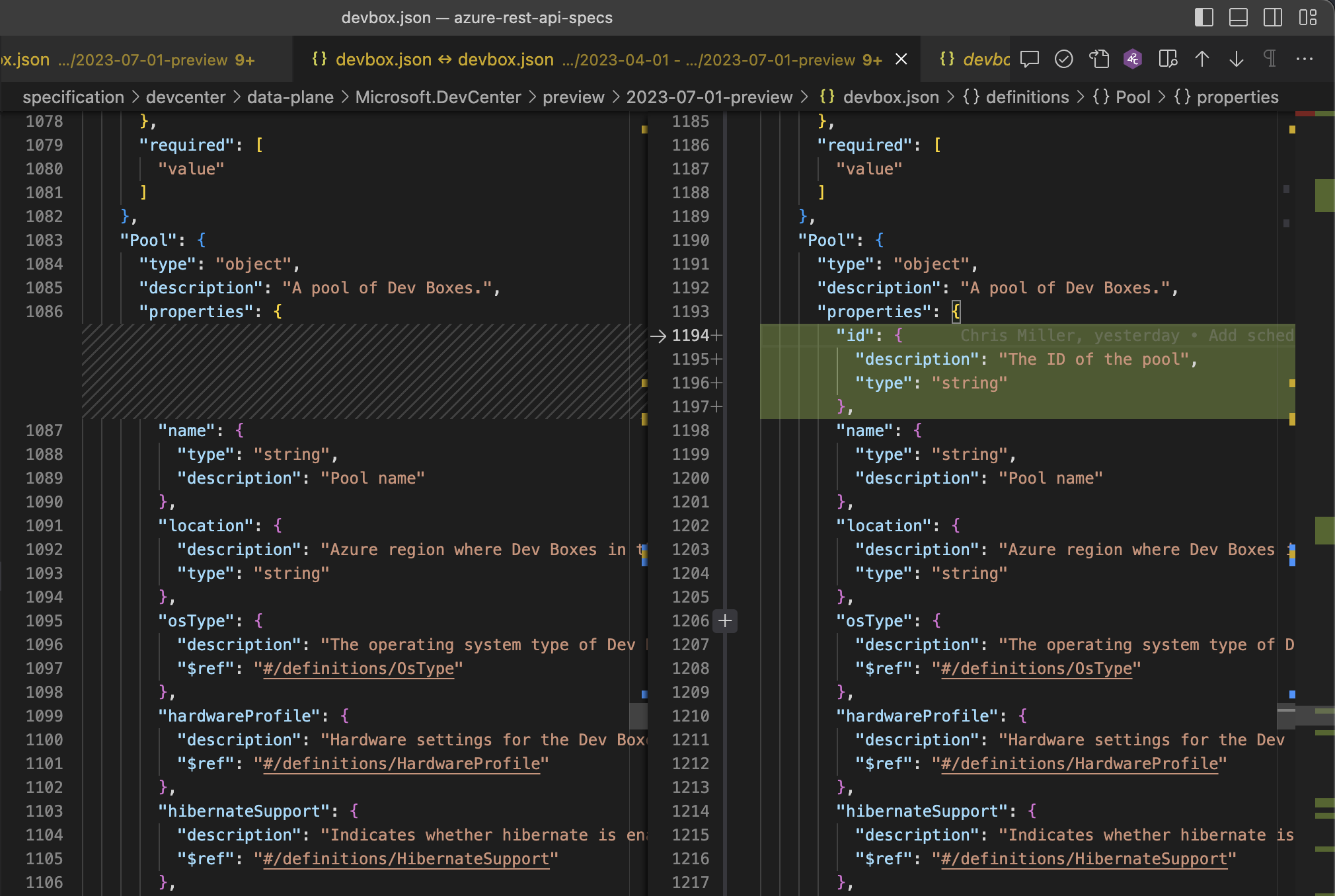 Swagger APIView - new property in schema creates diff for all remaining ...
