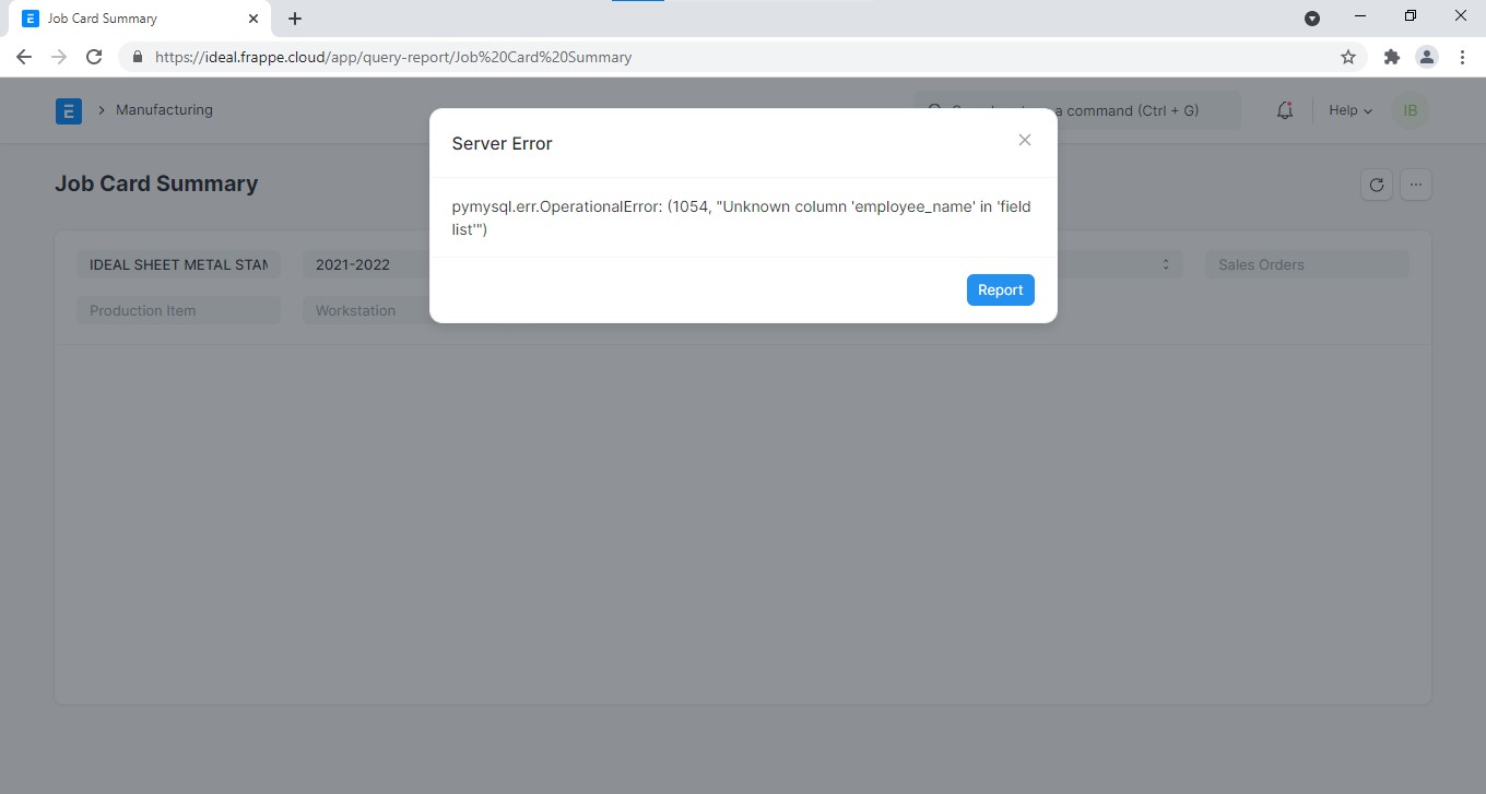 Error show in Job Card Summary report · Issue #28027 · frappe/erpnext ...