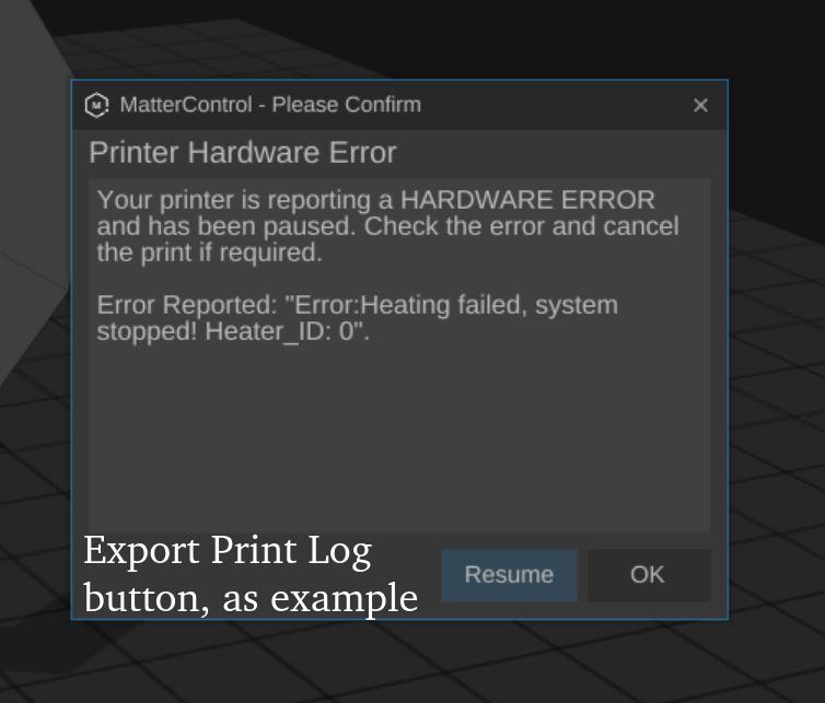 Printer Error Dialog Box, to include Export print log button · Issue ...