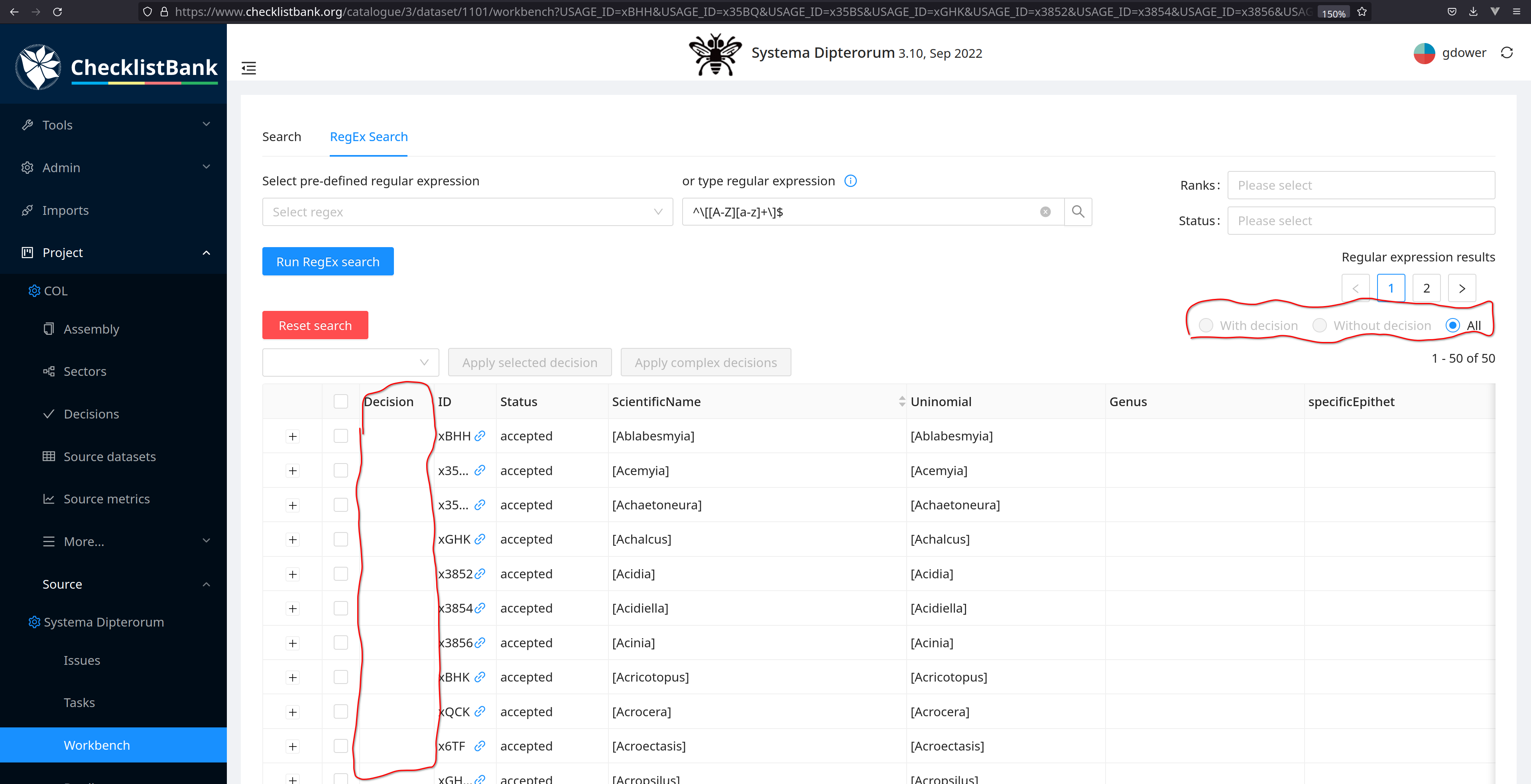 Decisions not showing in regex view of workbench · Issue #1132 · CatalogueOfLife/checklistbank ...