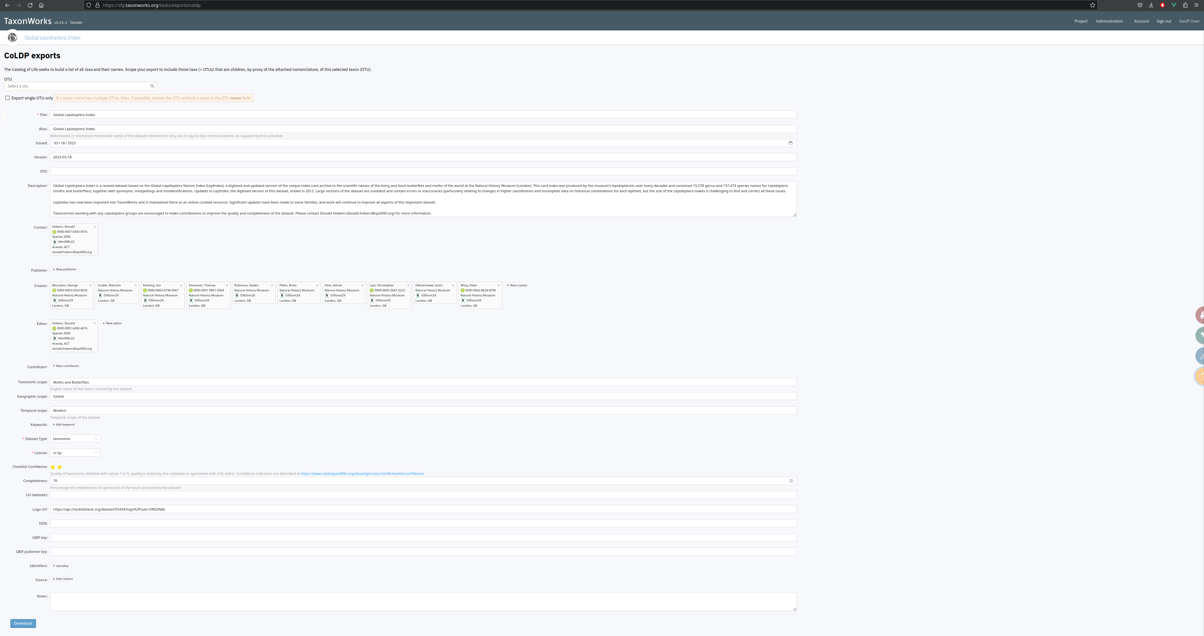 As a ChecklistBank/Catalogue of Life contributor, I want to edit metadata in TaxonWorks using ...