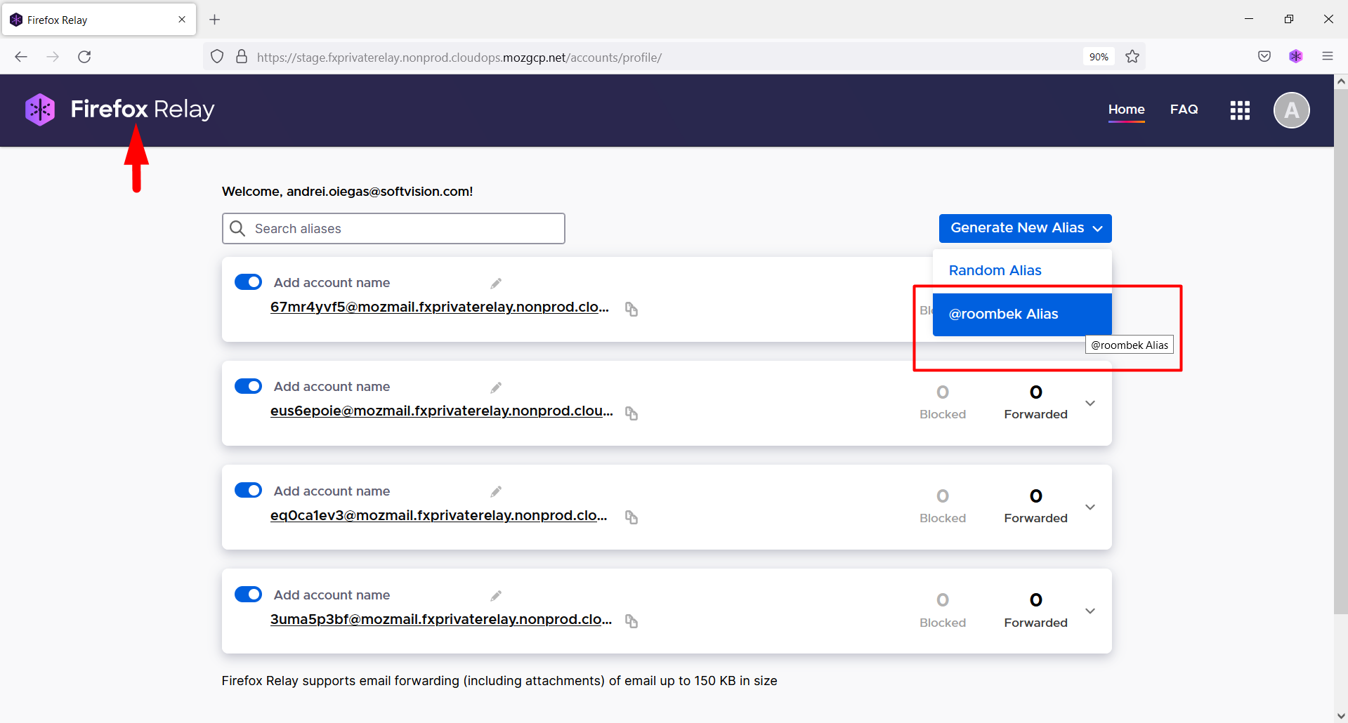 The dashboard “Generate New Alias” button still displays the custom subdomain alias creation ...