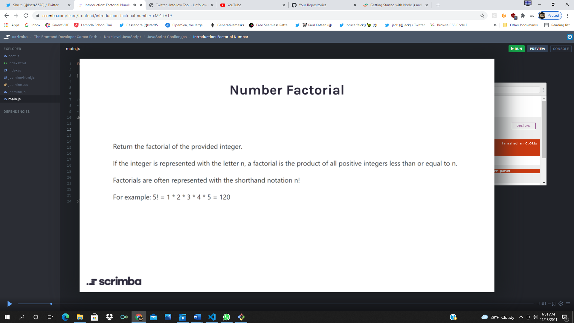 GitHub - shrutimalik123/factorial-number-scrimba: A JavaScript challenge