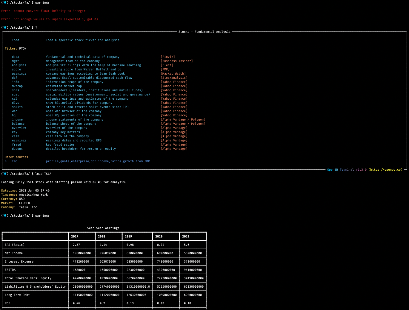 [Bug] stocks/fa/warnings - Error: cannot convert float infinity to integer Error: not enough ...
