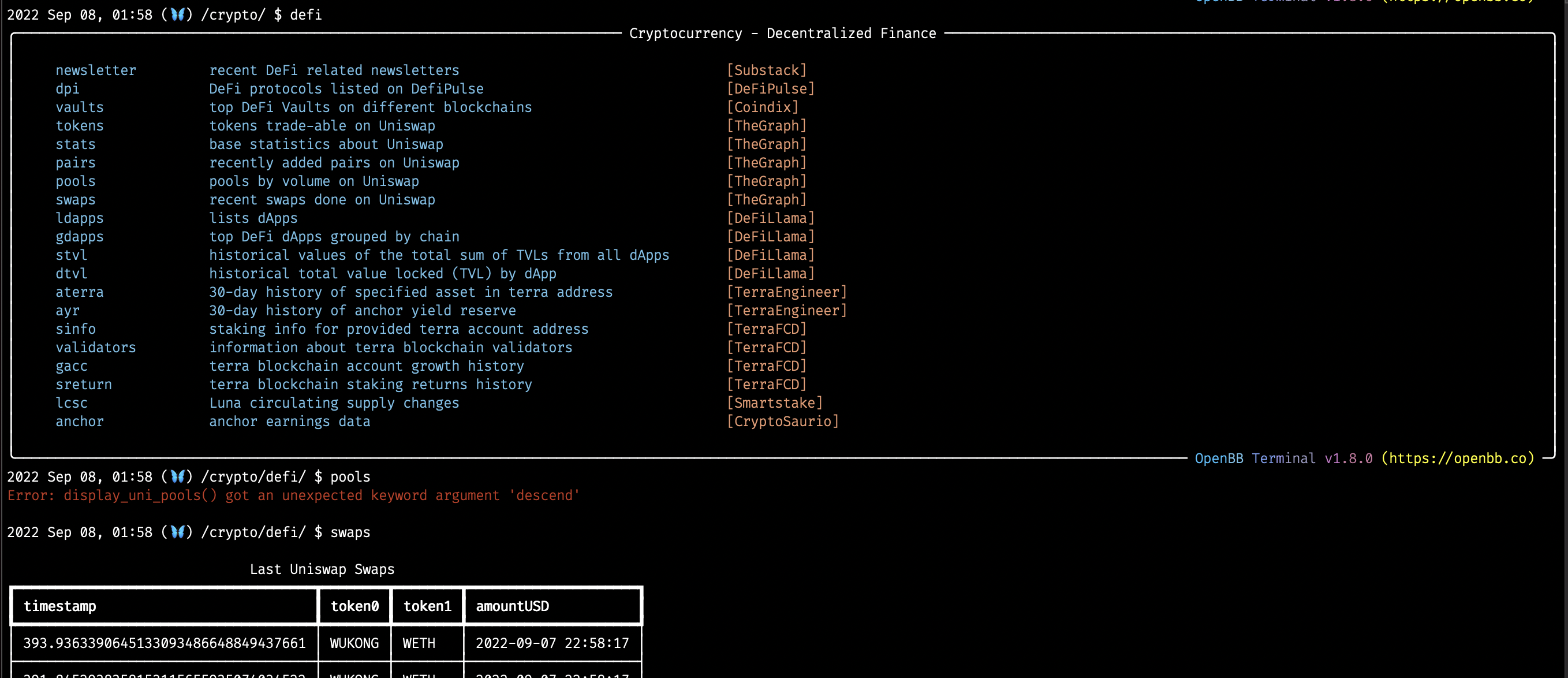 [Bug] Crypto/DeFi/pools - Error: display_uni_pools() got an unexpected keyword argument 'descend ...
