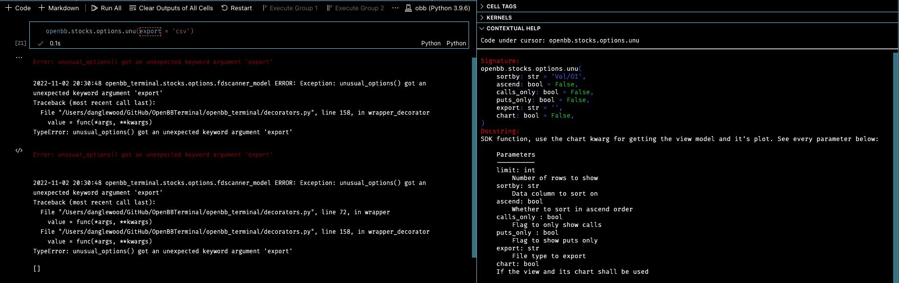 [Bug] SDK - `openbb.stocks.options.unu` - Error: unusual_options() got an unexpected keyword ...